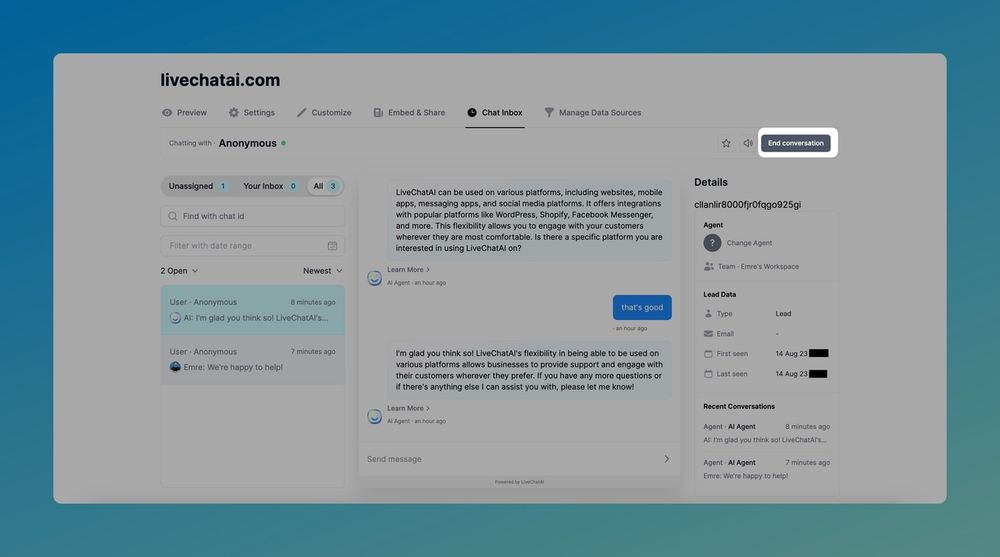 How to Manage Chat Inbox & AI Chat History on LiveChatAI