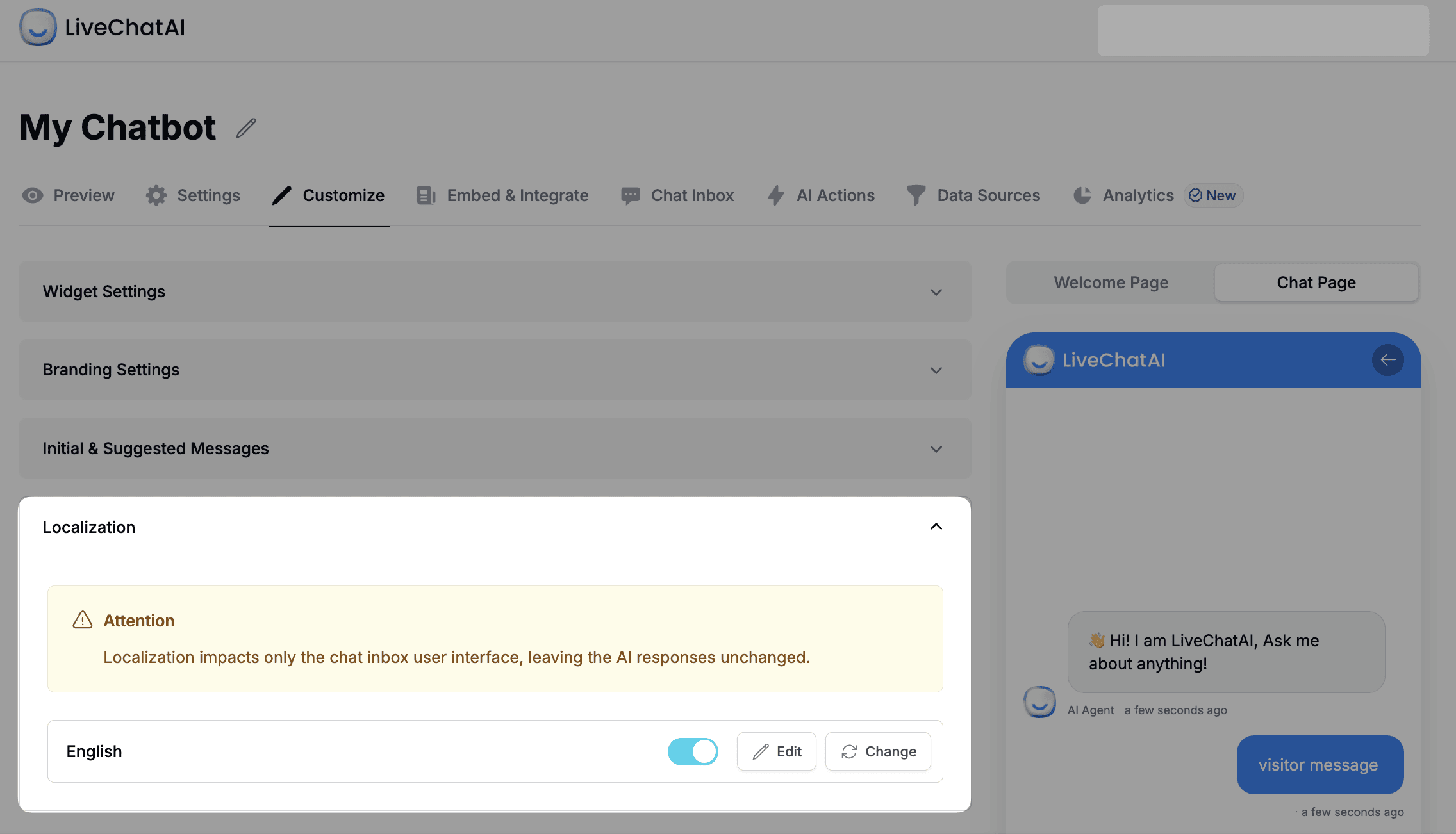 Localization & Multiple Language Feature of LiveChatAI