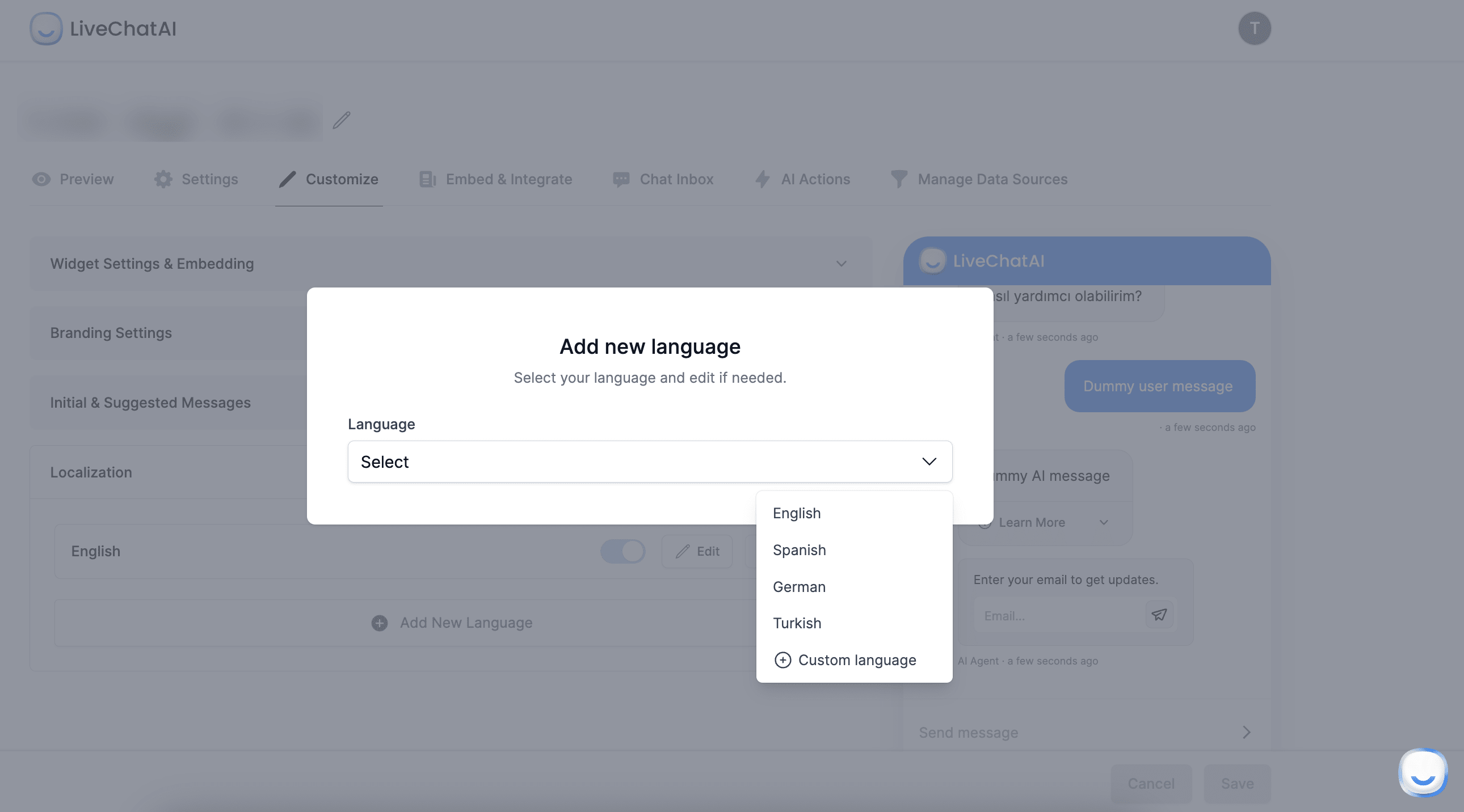 Localization & Multiple Language Feature of LiveChatAI